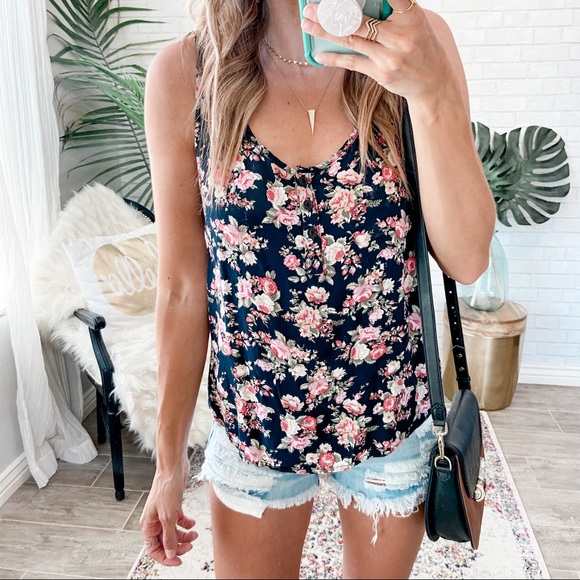 Cotton On | Tops | Black Floral Tank Top With Buttons | Poshmark